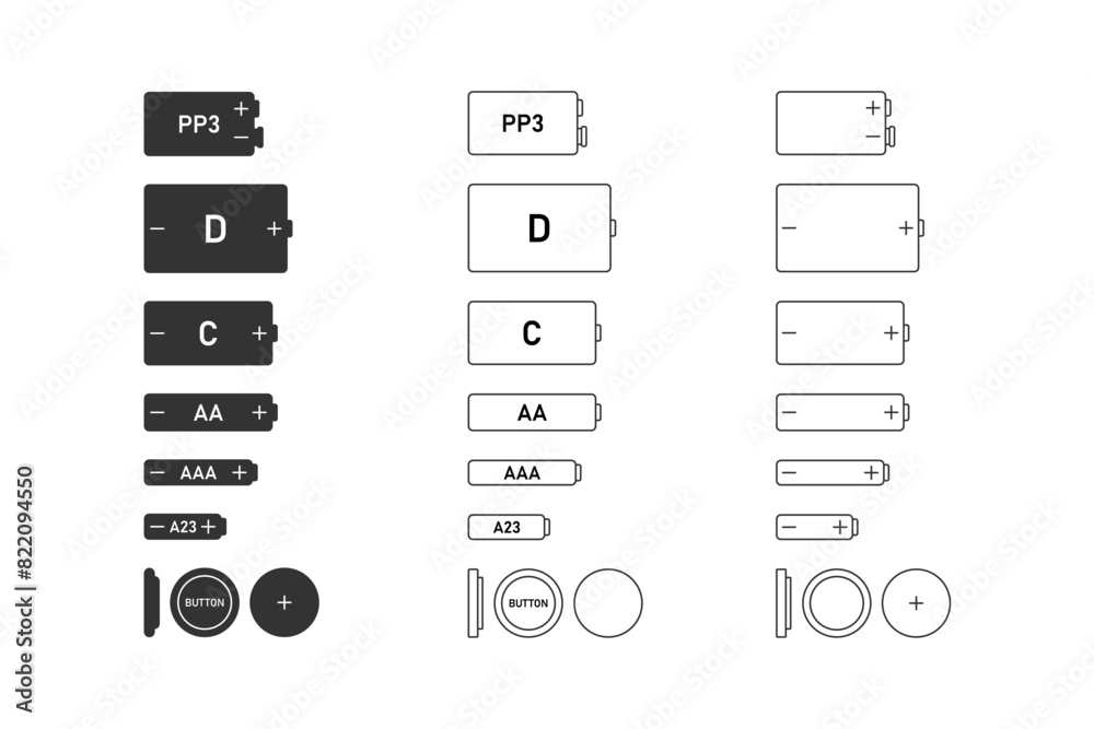 Different types battery icon set. Kinds of sizes of batteries C, AA ...