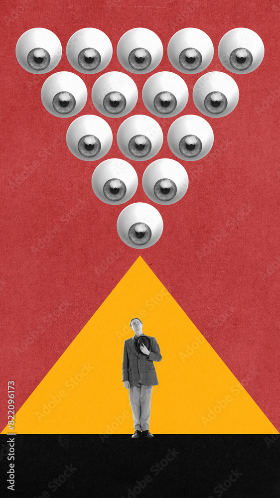 Pyramid of eyes focused on man, illustrating control through constant ...