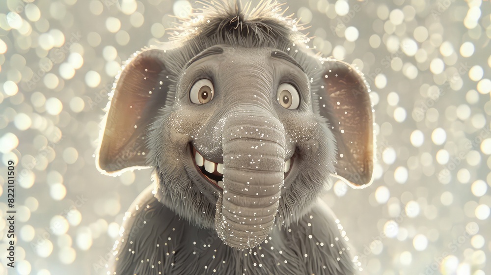 A joyful elephant with a wide, friendly smile, set against a sparkling ...