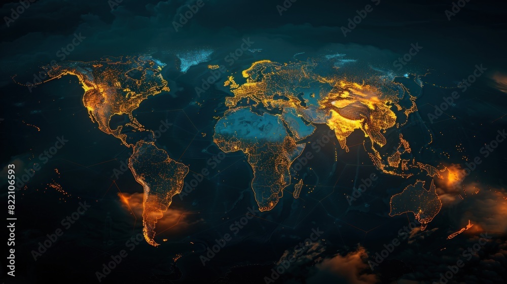 Illuminated world map with glowing orange network connections on a dark ...