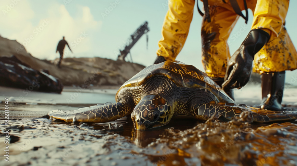 An eco-activist in a yellow protective suit helps a turtle get out of oil pollution. The scene ...