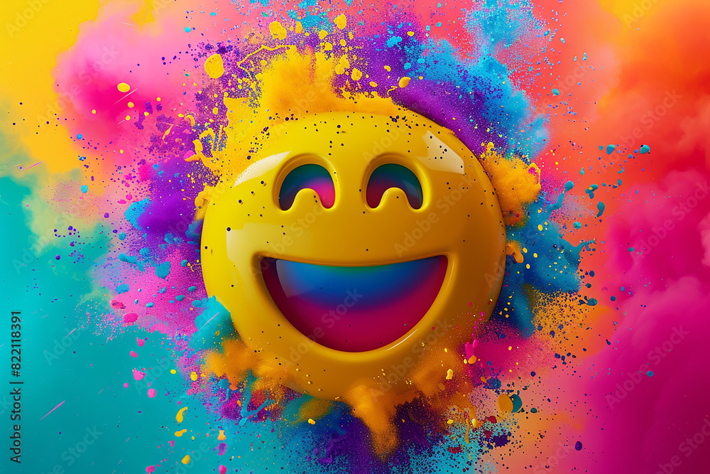 Brightly smiling face emoji, surrounded by a burst of vibrant colors ...