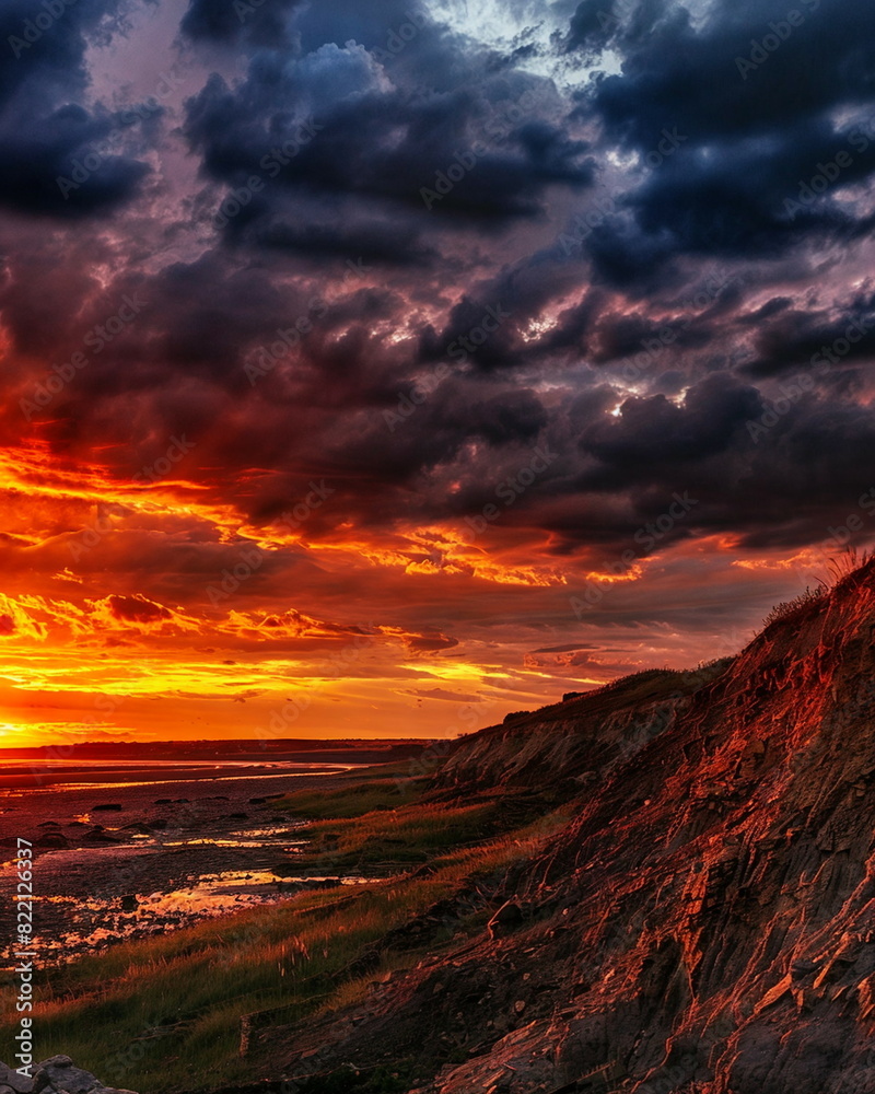 Fiery Sunset Over Rugged Coastline, an awe-inspiring natural display ...