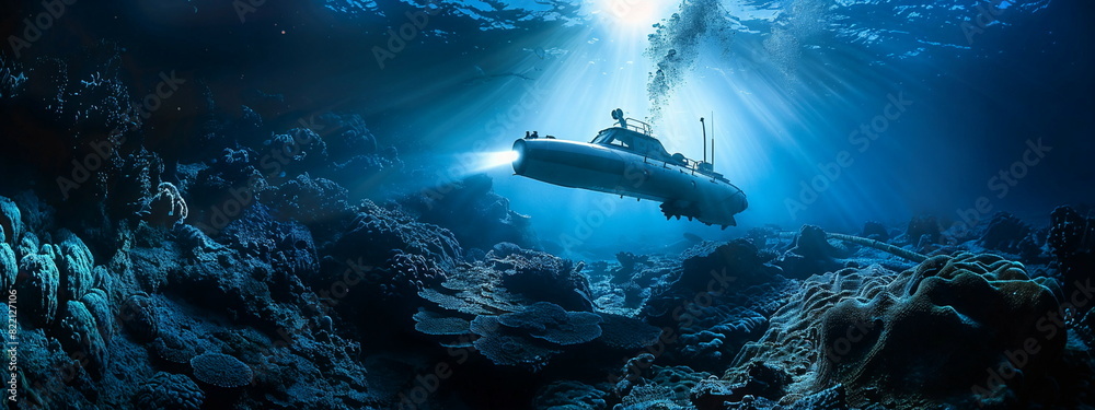 Sunken Submarine on Ocean Floor with Blue Light Rays, shipwreck scene ...