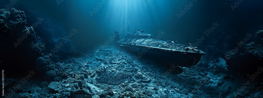 Sunken Submarine on Ocean Floor with Blue Light Rays, shipwreck scene ...
