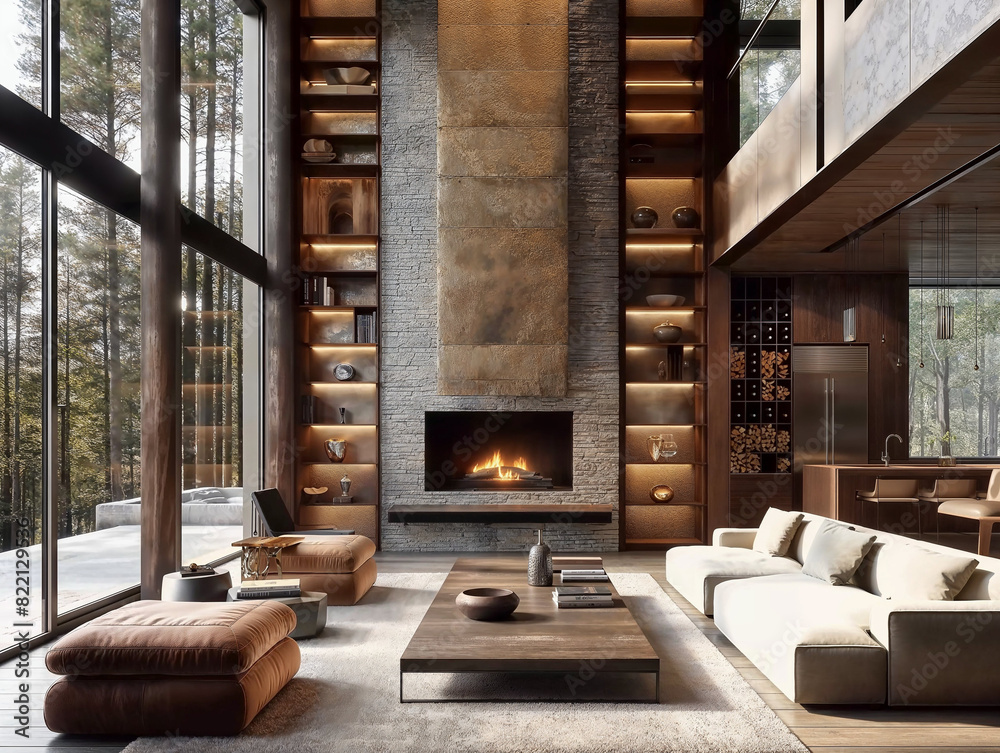 luxury modern rustic interior design, double height space, natural ...