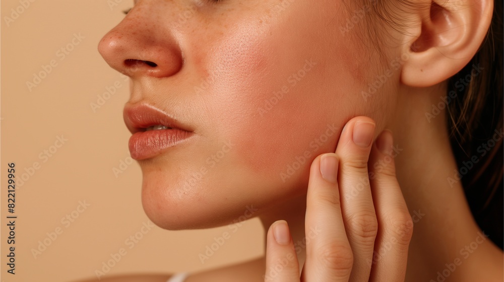 Close up of a woman with puffy red skin on her cheek, gently touching ...