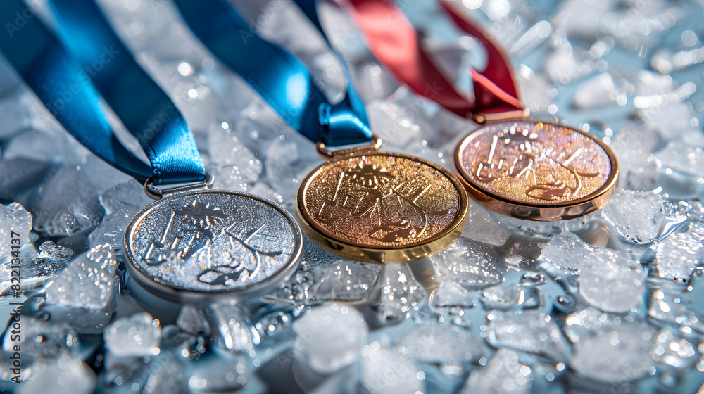 Close-up of gold, silver, and bronze medals, highlighting the award ...