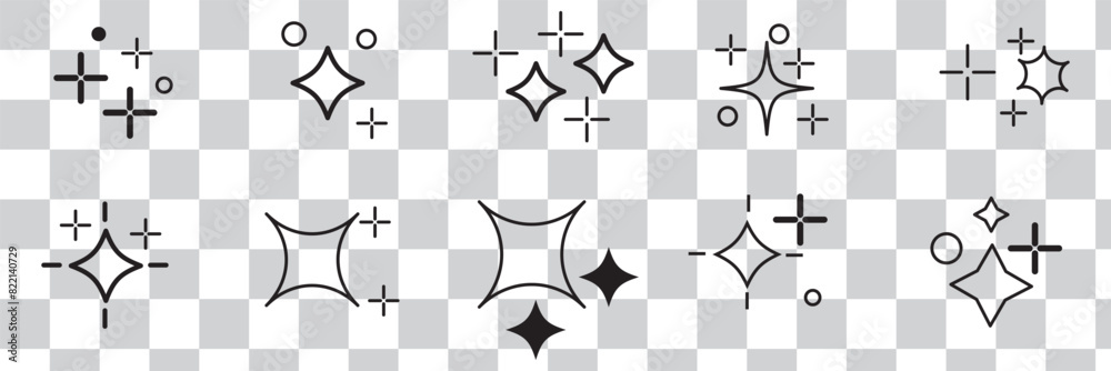 Hand drawn gold star sparkle shine of doodle set. Yellow star shine ...