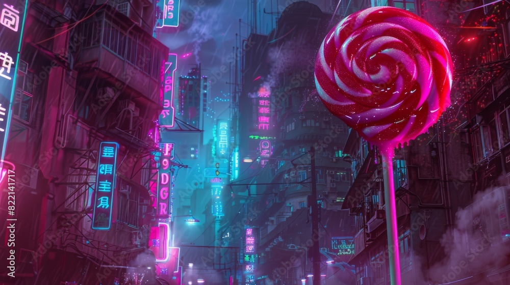 Cyberpunk city with a giant glowing lollipop Stock Illustration | Adobe ...