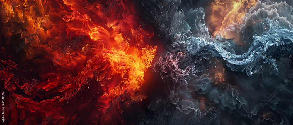 A conceptual art piece depicting the clash of elements, with red ...