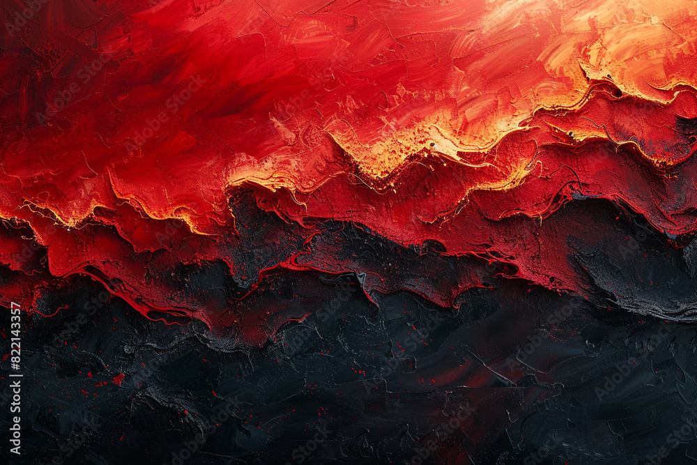 A vivid, abstract expressionist painting of a fiery landscape, where ...