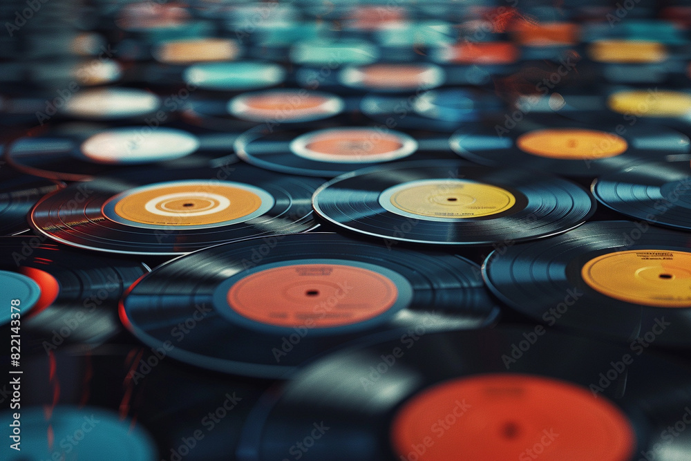 A wall of vinyl records, each from a different era, aligned perfectly in rows, showcasing a ...