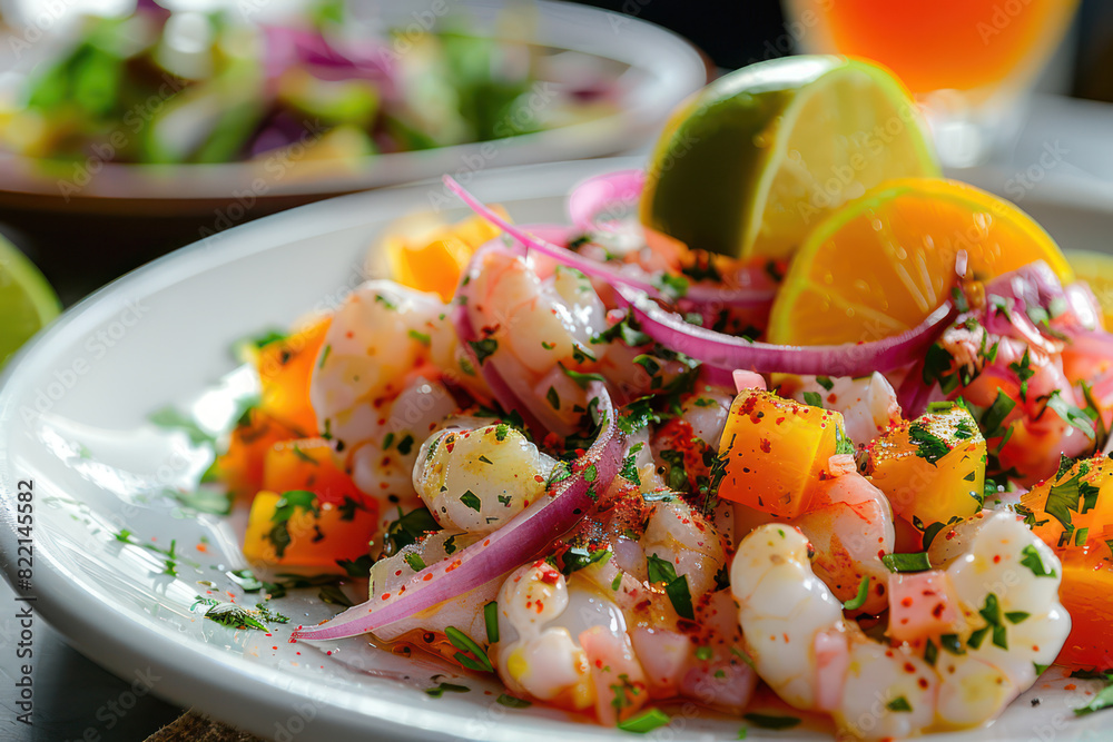 Peruvian ceviche dish, fresh shrimp seafood with vegetables, coastal ...