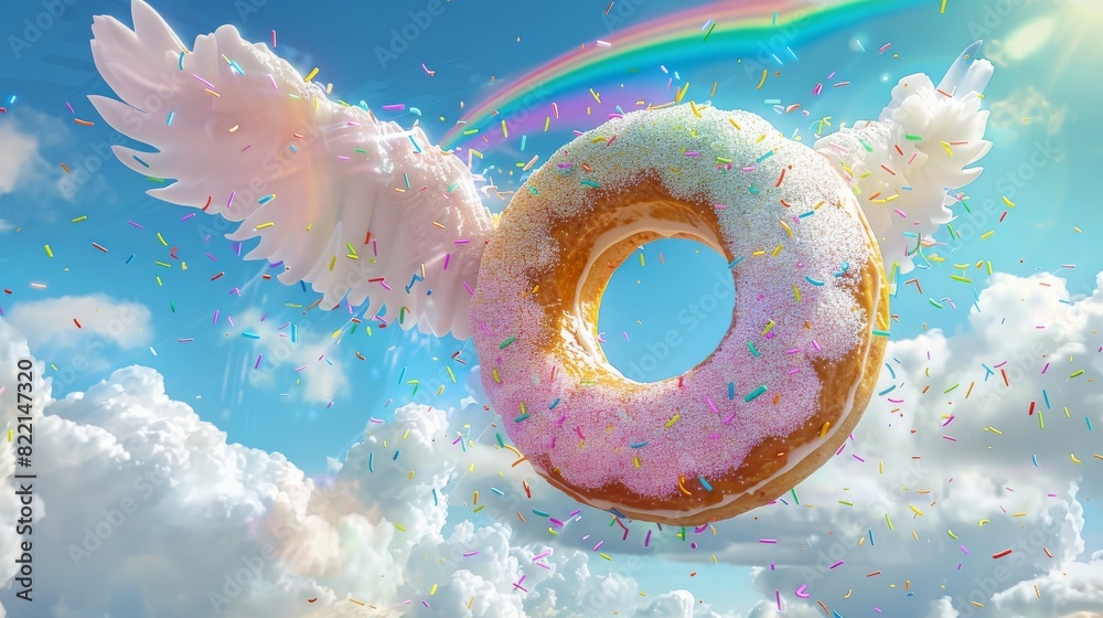 Donut with wings flying in the sky with rainbow and sprinkles Stock ...