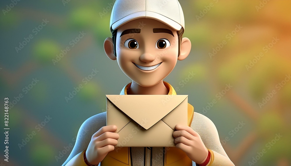 Cartoon courier, postman man, holding a letter to give to another ...