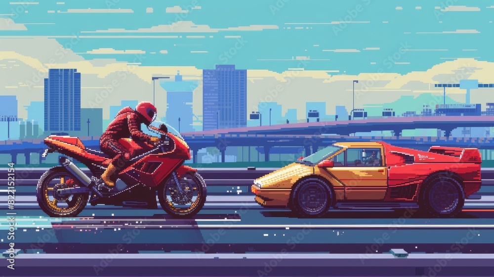 Pixel art depicting a red sports car and a motorcycle racing along a ...