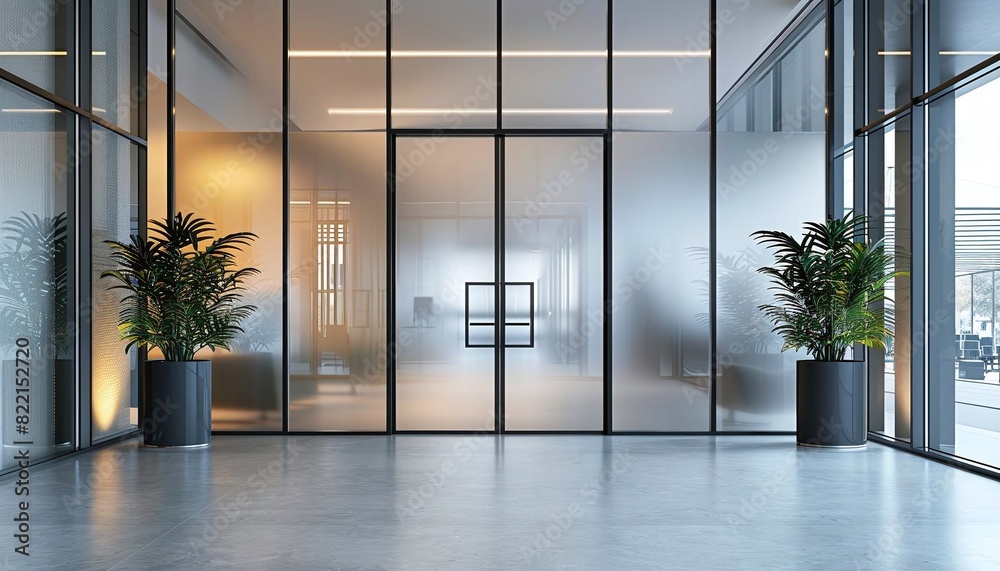 See a frosted glass office door with a bold, black metal frame and ...