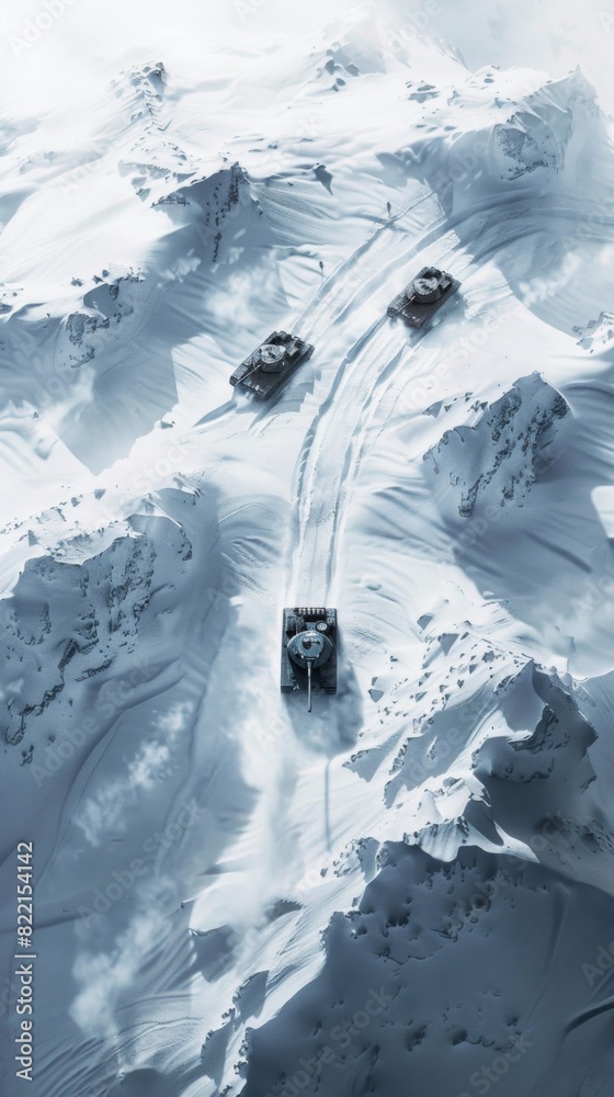 An aerial view of an Military tank M1 Abrams training exercise on a ...