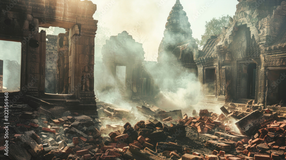 A historic temple in ruins, with smoke and debris covering treasured ...