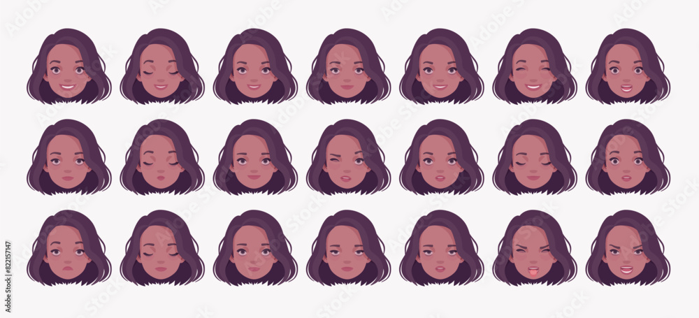 Elegant dark brunette business woman, female emotion set, brown young ...