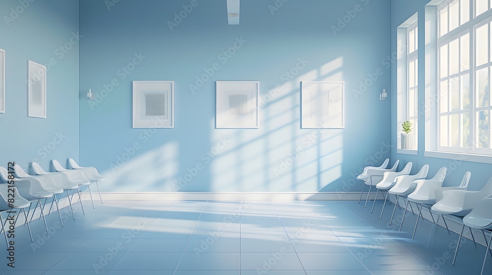 A clean, modern hospital waiting room with light blue walls and white ...