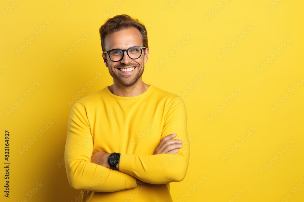 Yellow background Happy european white man realistic person portrait of ...