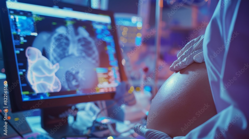 Low angle shot of an Obstetrician using an ultrasound transducer for ...