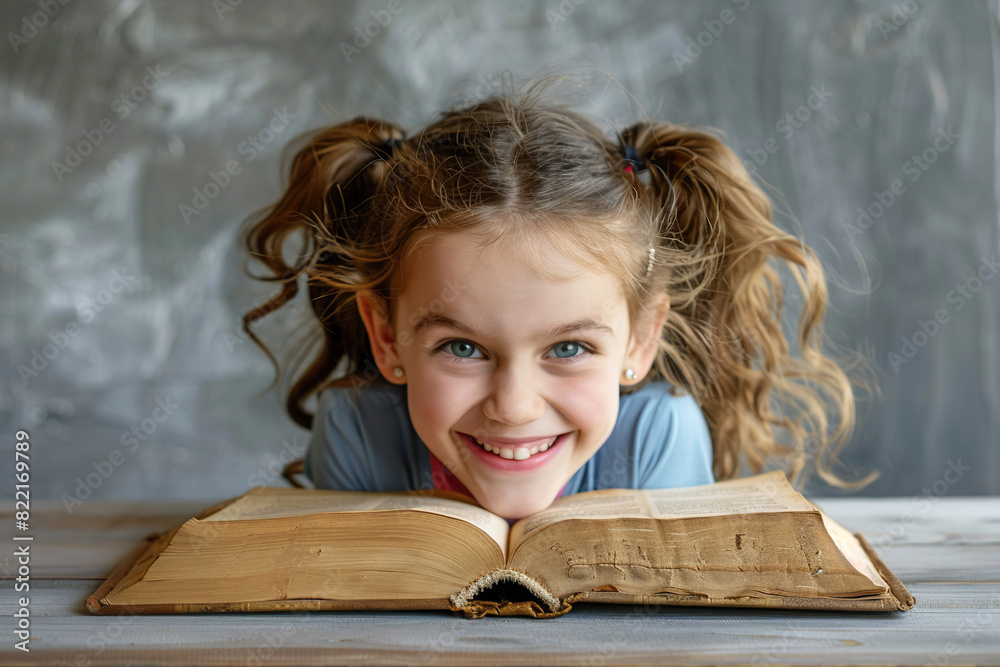 Little smiling girl with 2 pony tails reading a book for Clerihew Day ...