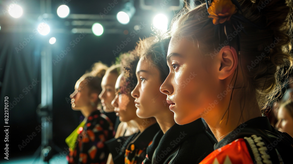 Models lining up behind the stage, adjusting their outfits and ...
