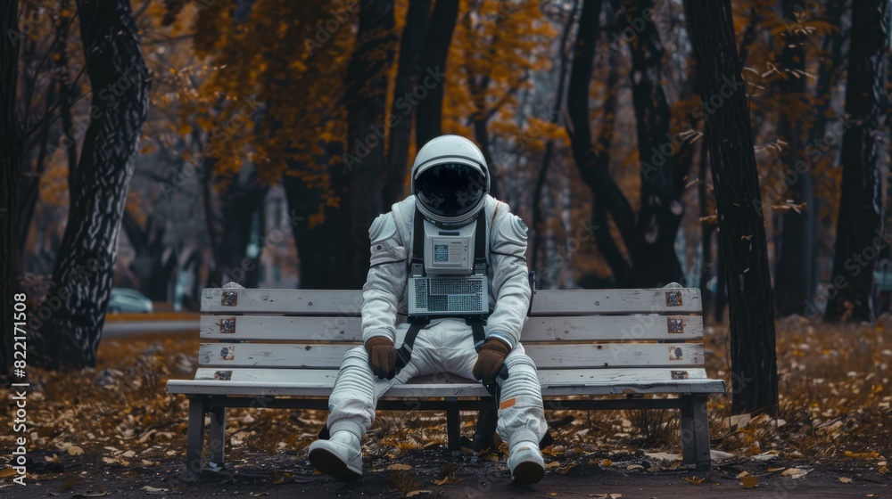 The sad face of a spacesuit-wearing man sits on a bench in a park ...