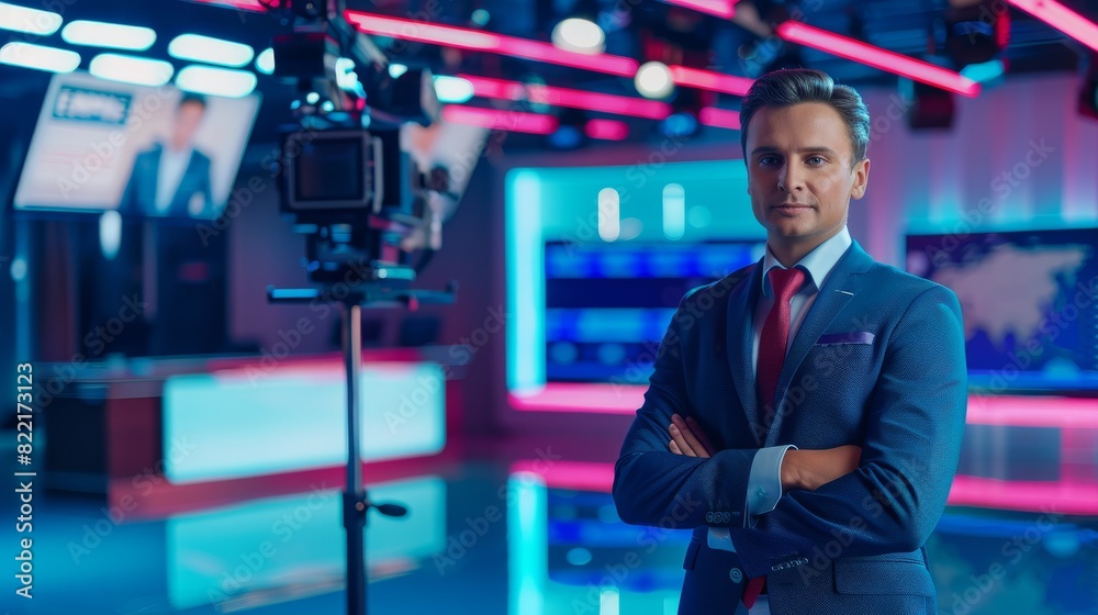 The News Studio of a Television Broadcasting Channel with a charismatic ...