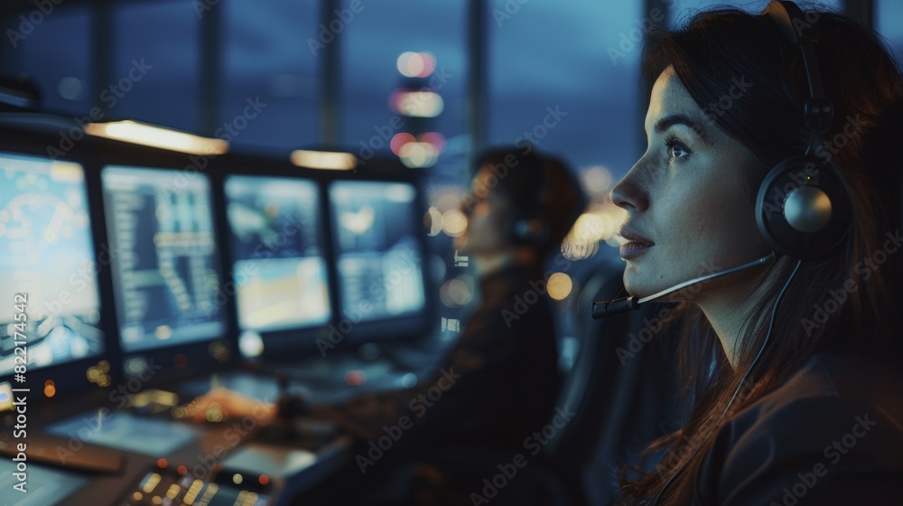 Using headsets, female and male air traffic controllers converse in the ...