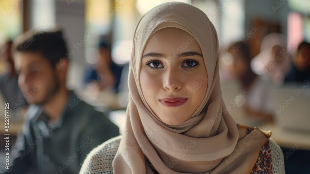 Muslim student with hijab studying in modern university with ...