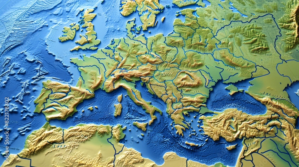 Vegetation-colored shaded relief map of Europe. Stock Illustration ...