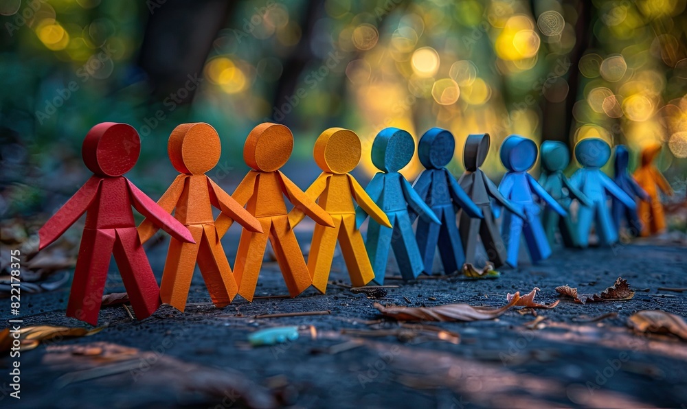 Colorful paper cut-out figures holding hands in a line, placed outdoors on a forest path with ...