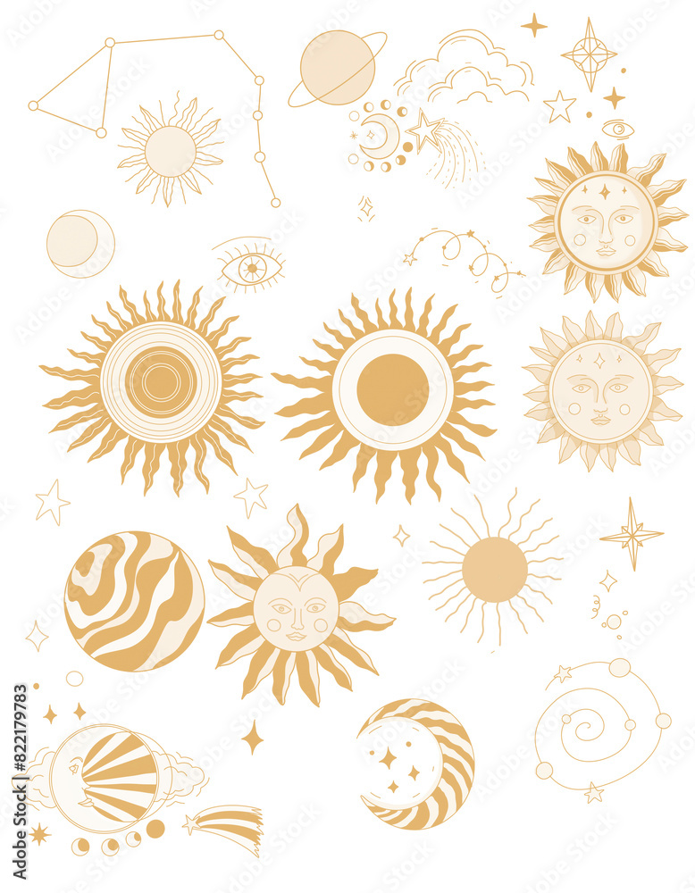 Sun graphics symbols astrology tarot cute cartoon coloring tattoo set ...