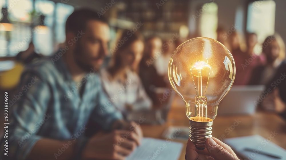 Team of professionals talking over the meeting. Light bulb as a symbol ...