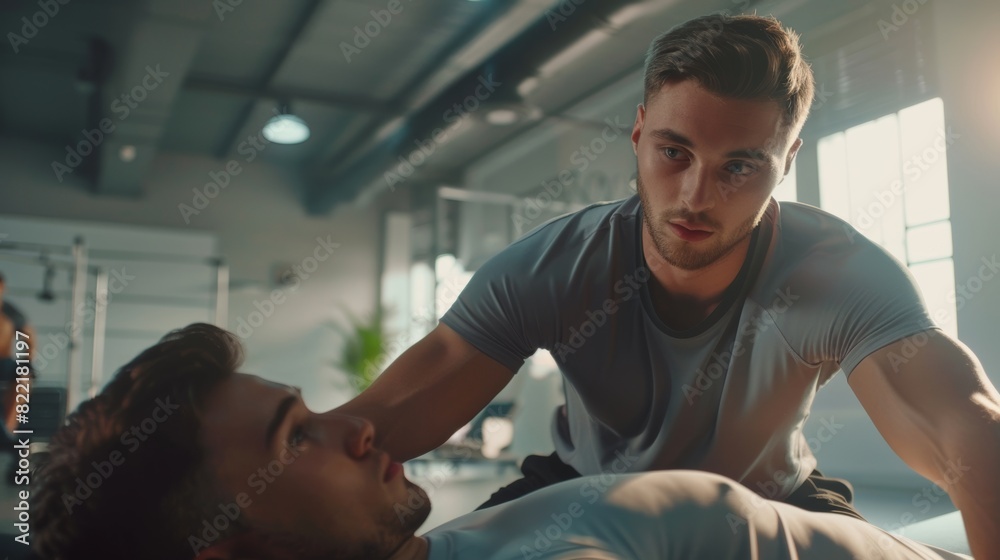 Young Male Athlete Stretching Specific Muscle Groups or Joints with ...