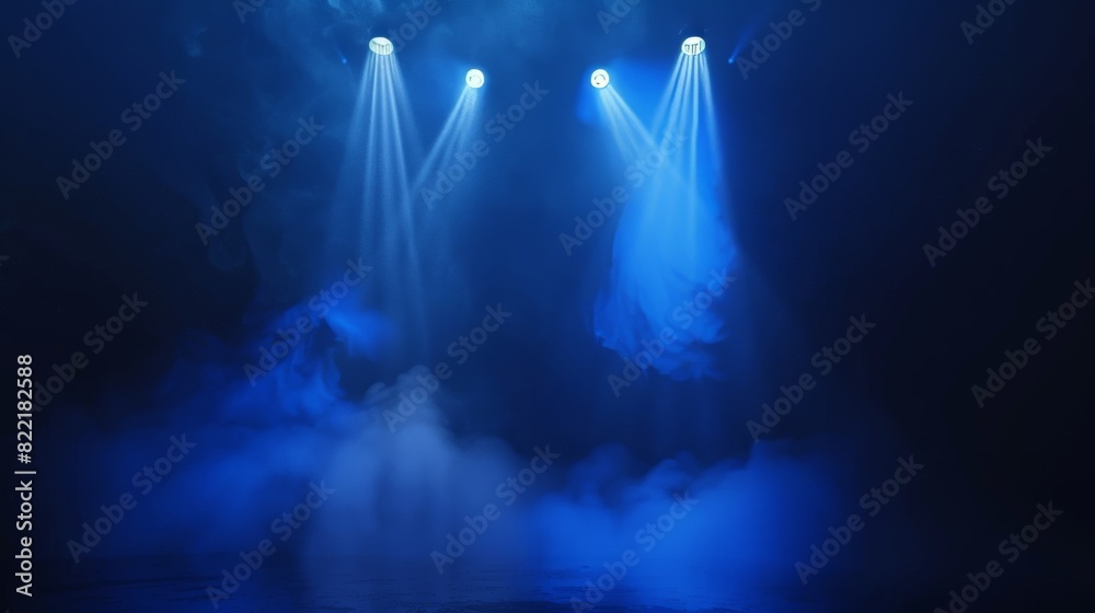 Lighted stage with scenic lights and smoke. Blue modern spotlight with ...