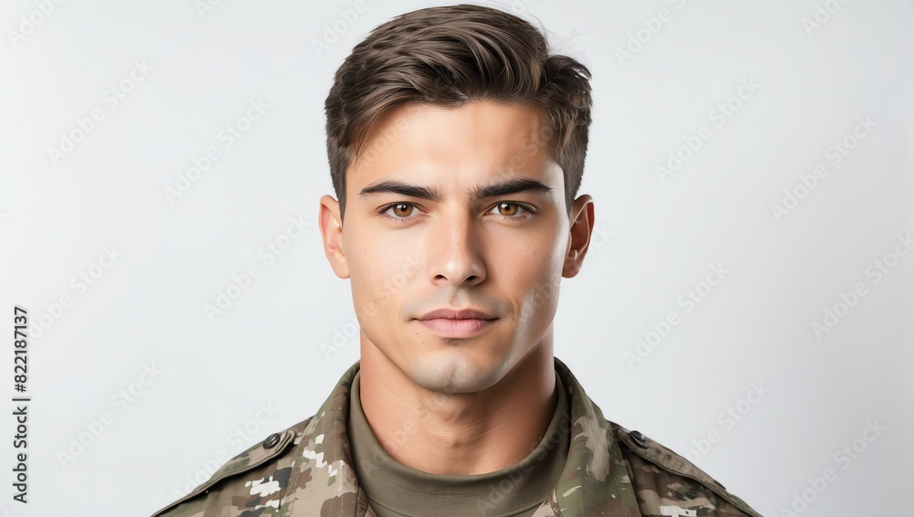 headshot of soldier handsome guy model on plain white background studio ...