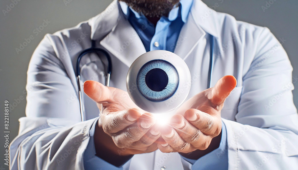 Extreme close-up of the cupped hands of an ophthalmologist holding an ...