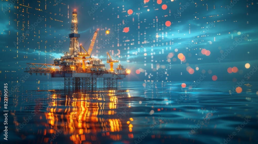 At dawn, oil offshore drilling platform in the ocean. Beautiful ...