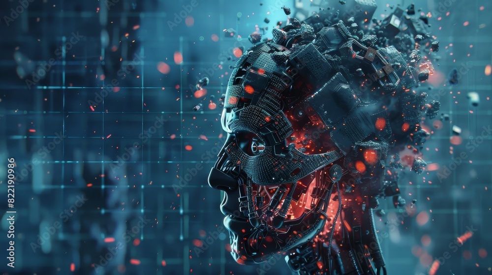 Overloaded cyborg with AI failures. Artificial brain glitched and ...