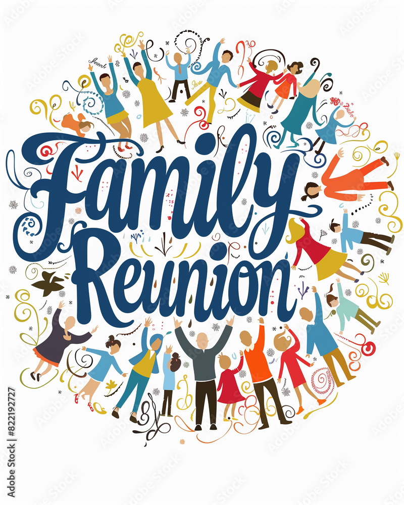 The word "Family Reunion" clipart. White background, central focus ...