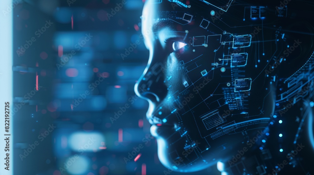 Machine learning concept. Robot or cyborg looking at virtual HUD ...