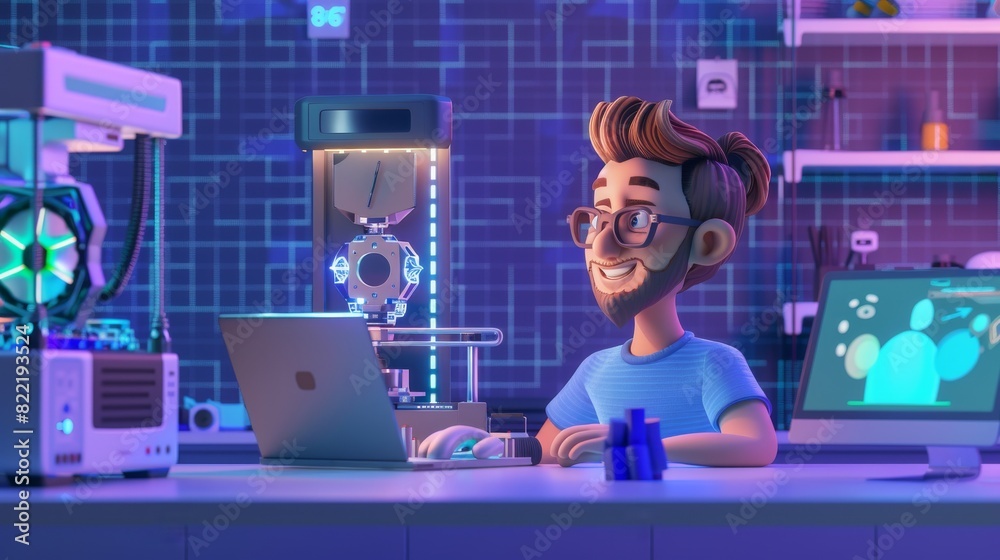 3D character of a smiling man with a 3D printer at a screen laptop ...