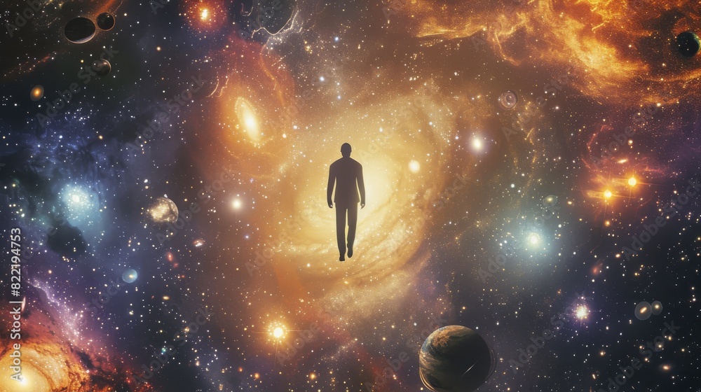 Surreal image of a man floating in space amid a vibrant cosmic ...