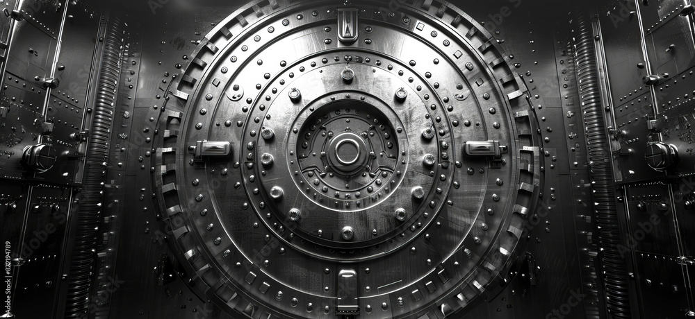 Black and white photo of a bank vault door with a round lock in the ...