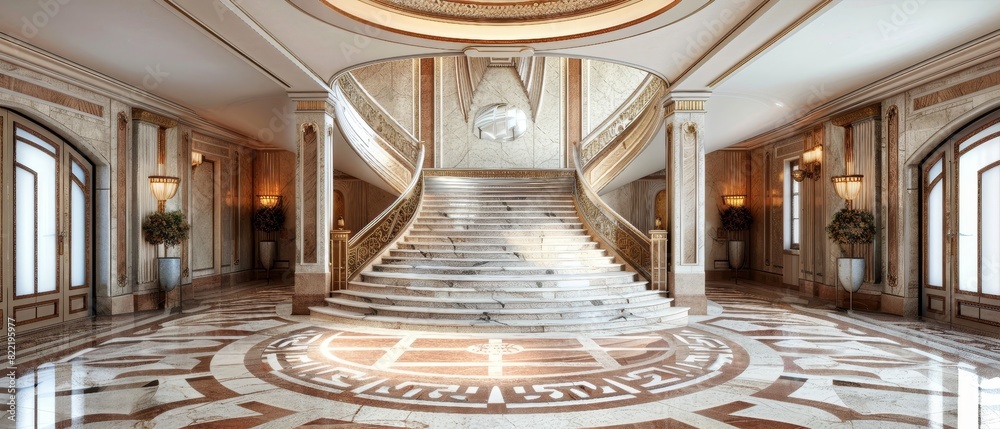 Elegant grand staircase in luxury hotel lobby featuring marble flooring ...